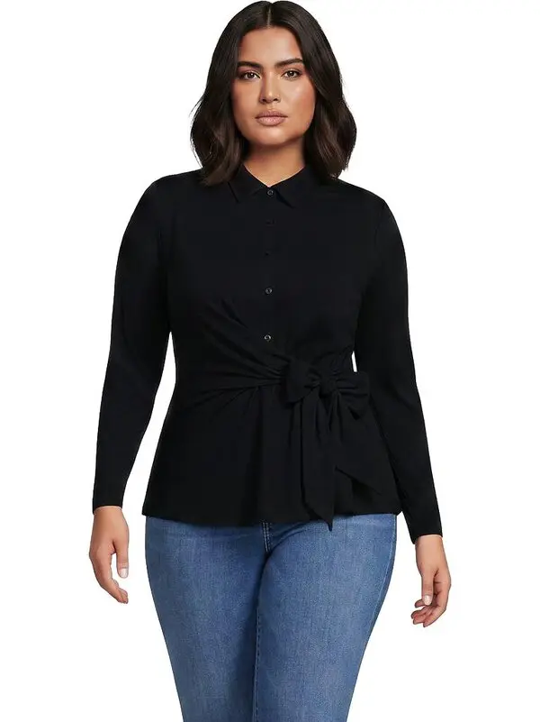 LANDS' END Long Sleeve Lightweight Jersey Adjustable Tie Collar Top - Black