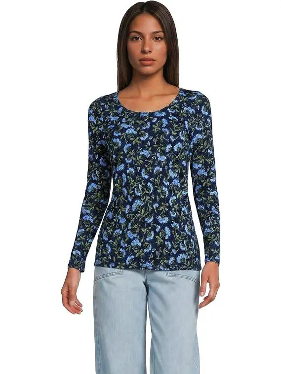 LANDS' END Long Sleeve Lightweight Jersey Scoop Neck T-shirt - Deep Sea/blue Hydrangea