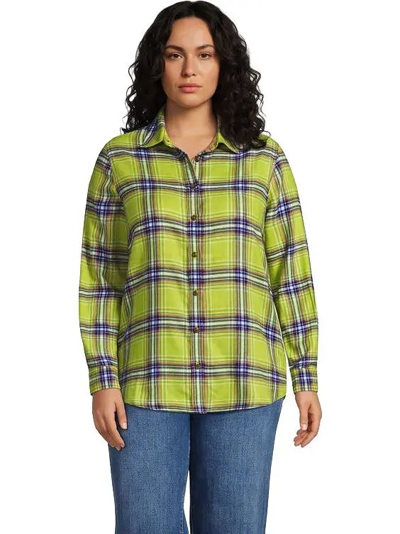 LANDS' END Flannel Boyfriend Long Sleeve Shirt - Chartreuse Multi Plaid