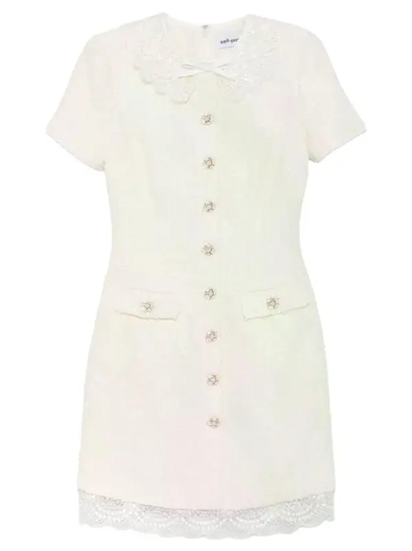 SELF-PORTRAIT Lace-trimmed Bouclé Mini Dress - Neutrals