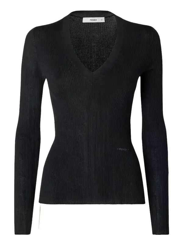 Fendi Ribbed-knit V-neck Sweater - Black