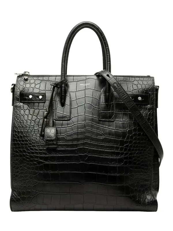 Saint Laurent 2018 Croc Embossed Sac De Jour Souple Zip North South Tote Satchel - Black
