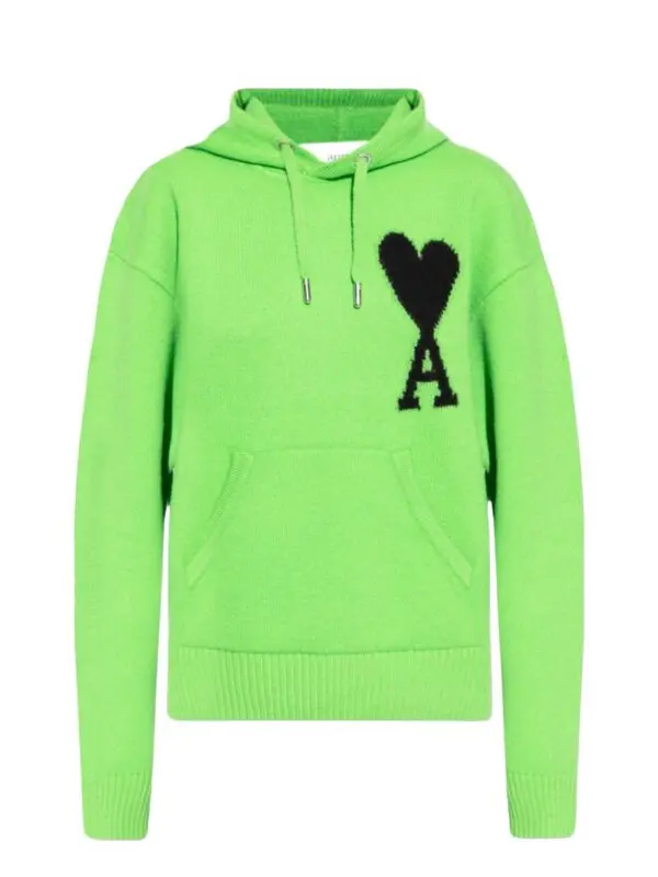 AMI Paris De Coeur Wool Knitted Hoodie - Green