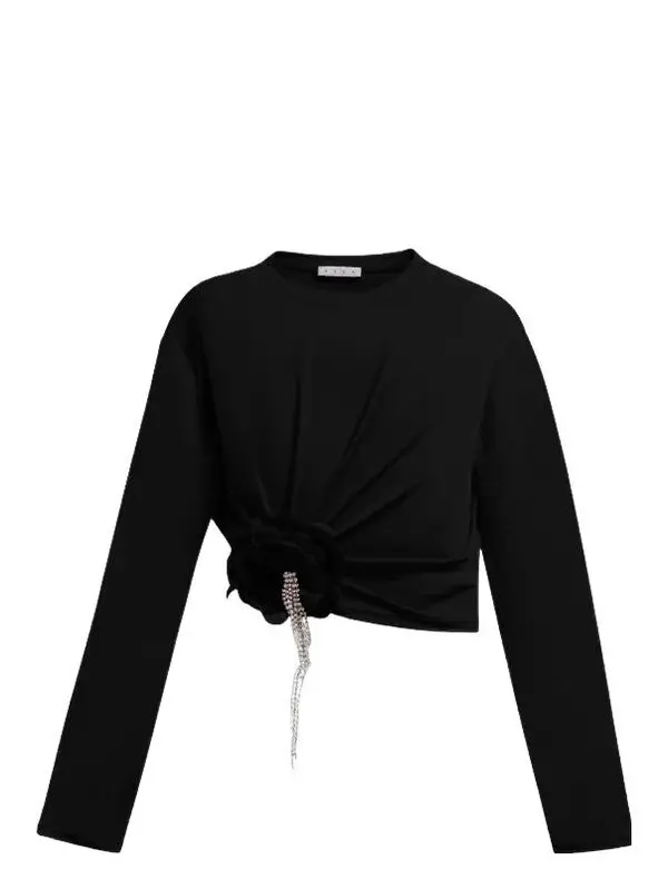 AREA Crystal-flower Draped Top - Black