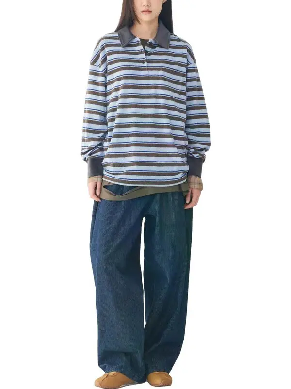 STUDIO TOMBOY Striped Long-sleeve Polo Shirt - Blue