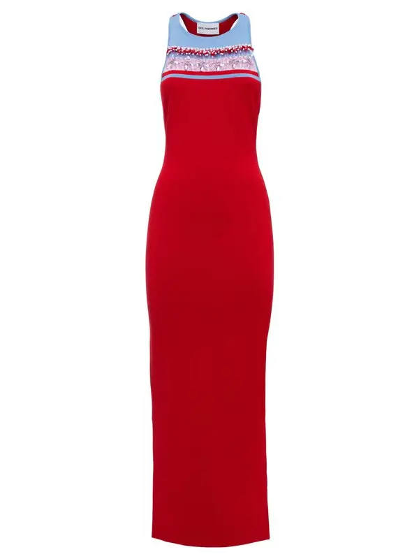 DES_PHEMMES Embroidered Knit Maxi Dress - Red