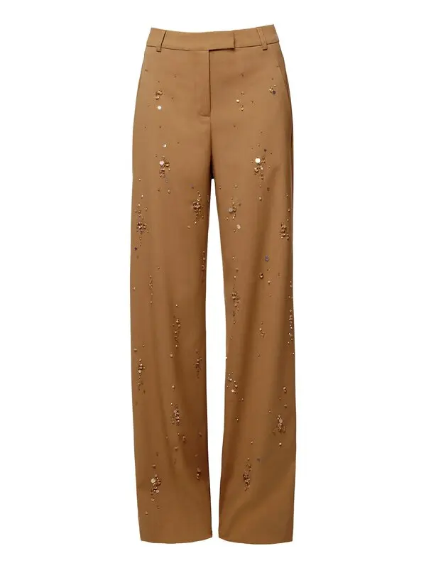 DES_PHEMMES Embellished Crepe Straight-leg Pants - Brown