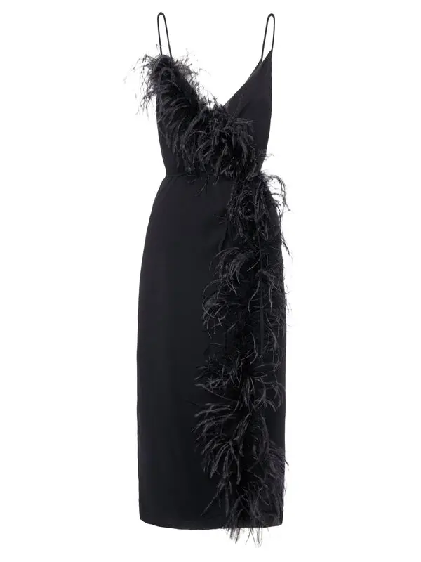 DES_PHEMMES Feathered Crepe Midi Dress - Black