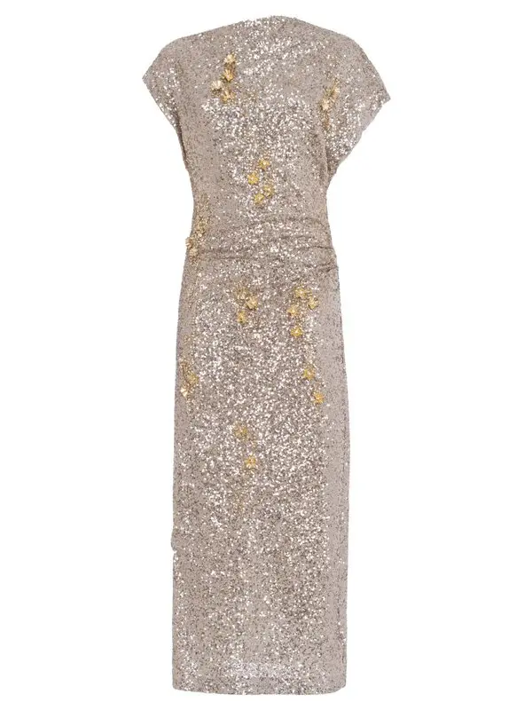 DES_PHEMMES Asymmetrical Embellished Maxi Dress - Bronze