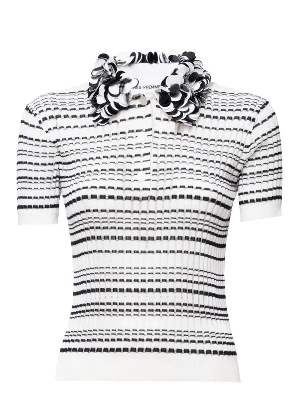 DES_PHEMMES Embellished Ribbed Knit Polo Shirt - Multi