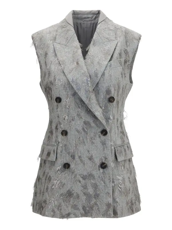 Brunello Cucinelli Gilet In Virgin Wool And Cashmere Twill Flannel With Dazzling Lynx Embroidery - Gray
