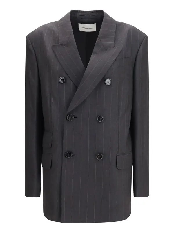 AMI Paris Striped Wool Double Breasted Blazer - Gray