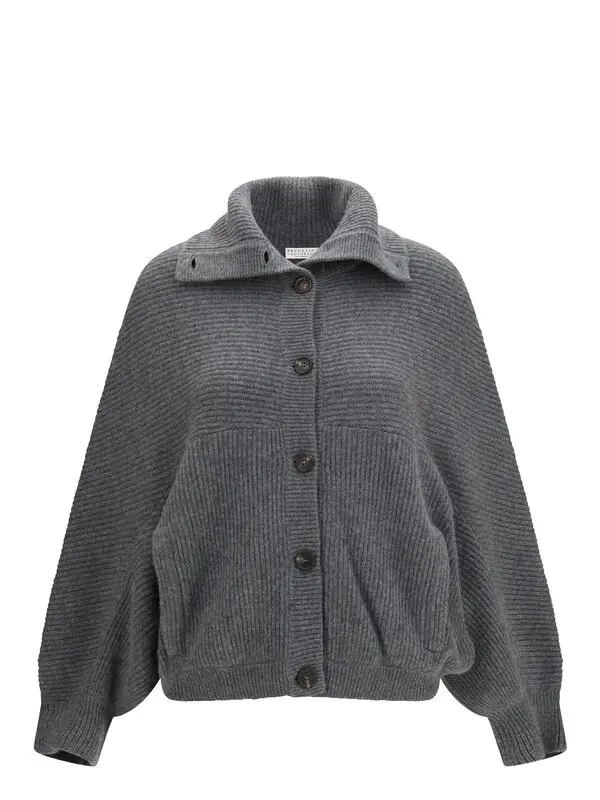 Brunello Cucinelli High Neck Cashmere Cardigan - Grey