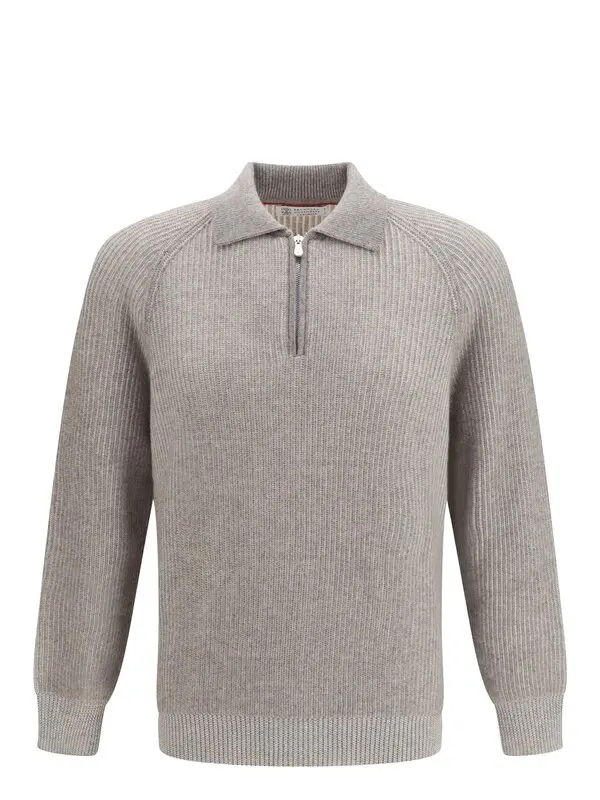 Brunello Cucinelli Cashmere Milano Stitch Polo Sweater With Zip - Gray
