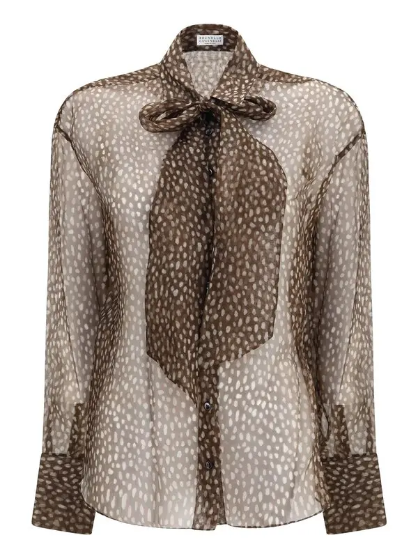 Brunello Cucinelli Dapple Silk Organza Shirt With Neck Tie - Brown