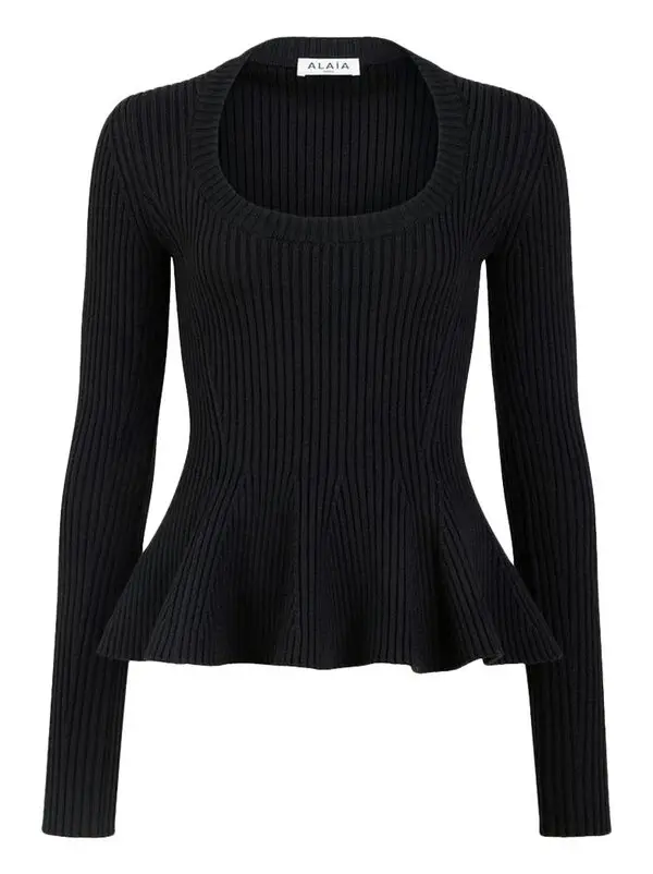 Alaïa Ribbed Peplum Top - Black
