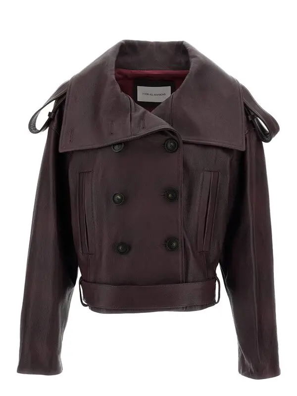 7 For All Mankind Giacca Corta Doppiopetto In Pelle A Collo Alto - Marrone