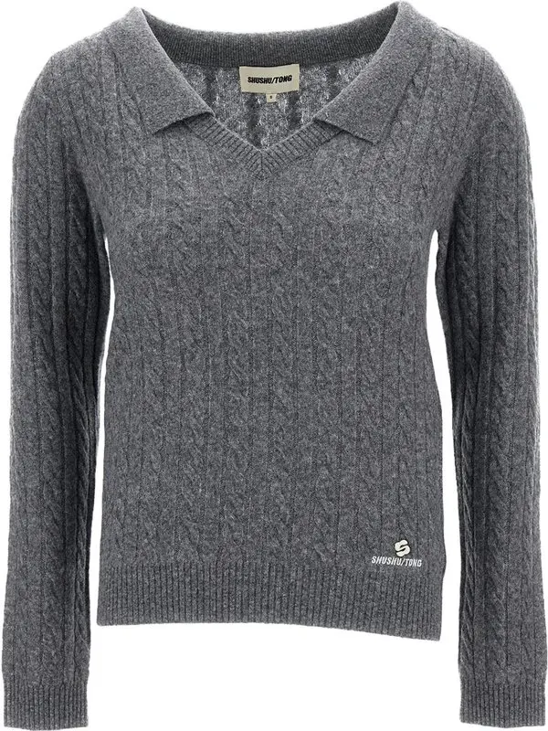 SHUSHU/TONG Maglia A Trecce Scollo A V - Grey