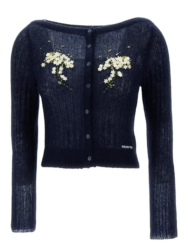 SHUSHU/TONG Cardigan In Maglia Con Ricamo Floreale In Perline - Blu