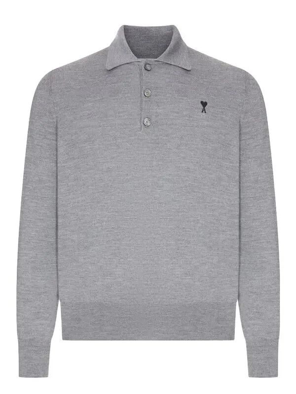 AMI Paris De Coeur Wool Polo Shirt - Heather Silver