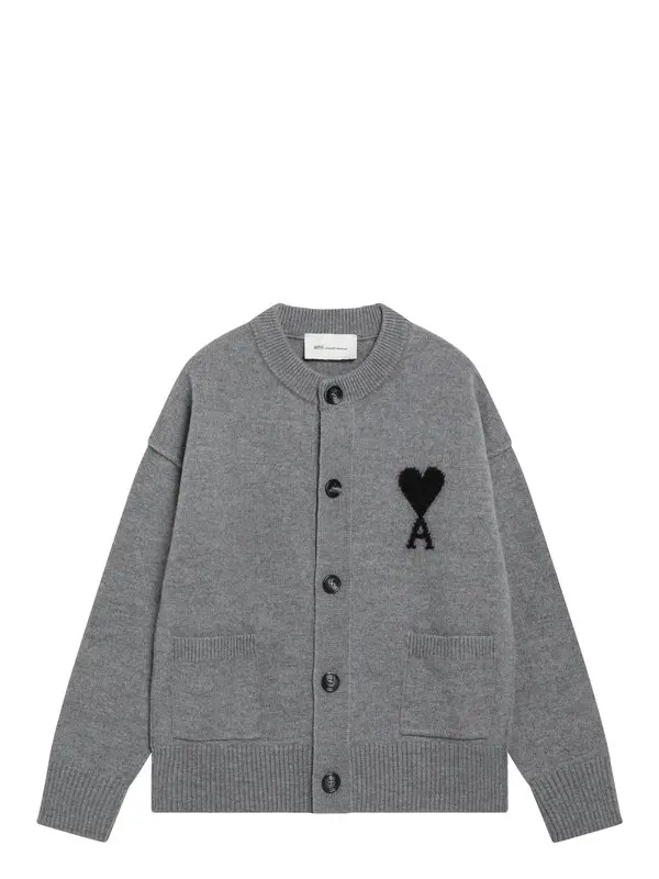 AMI Paris Grey De Coeur Wool Cardigan - Gray