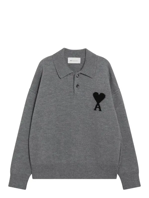 AMI Paris Grey De Coeur Wool Polo Sweater - Gray