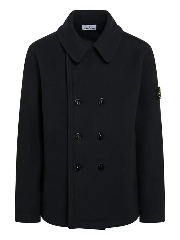 Stone Island Navy Double-breasted Coat In Wool And Cashmere - Blue
