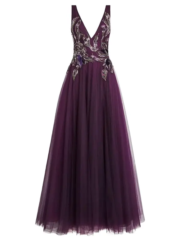 Costarellos Embroidered Tulle Vianna Gown - Purple
