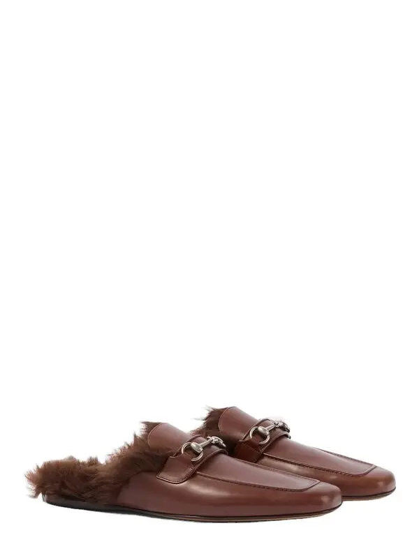 Gucci Horsebit Shearling-lined Leather Mules - Brown