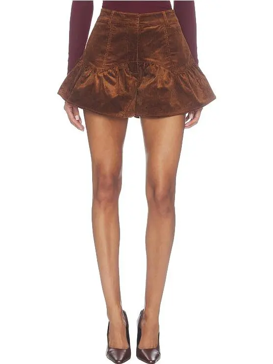 GANNI Corduroy Flounce Short In Brown - Tortoise Shell