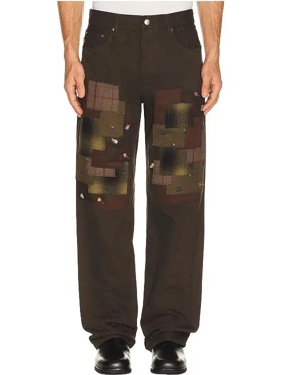 VOWELS Straight Denim Jeans In Brown - Patchwork
