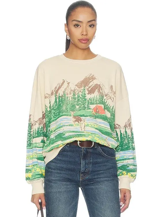 Daydreamer Campsite Scene Oversized Crew Sweatshirt In Beige - Sand