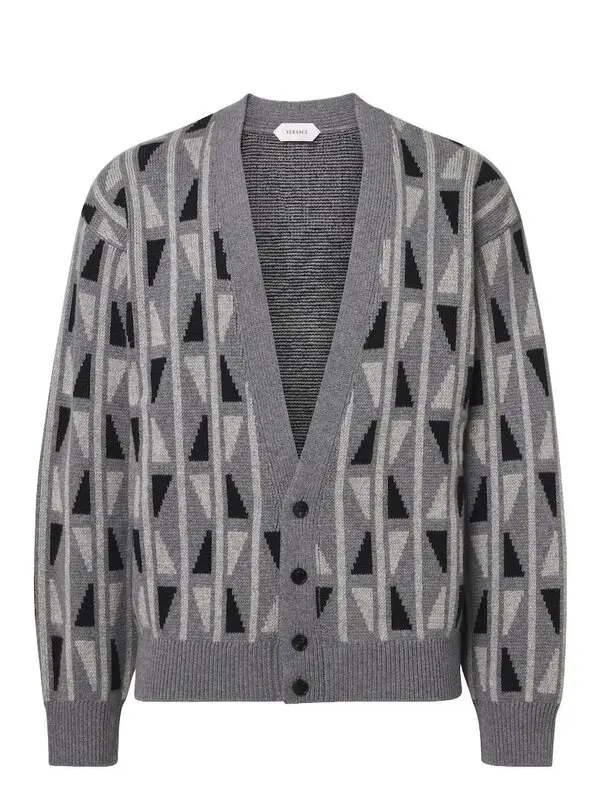 Versace Jacquard Wool And Cashmere Cardigan - Grey