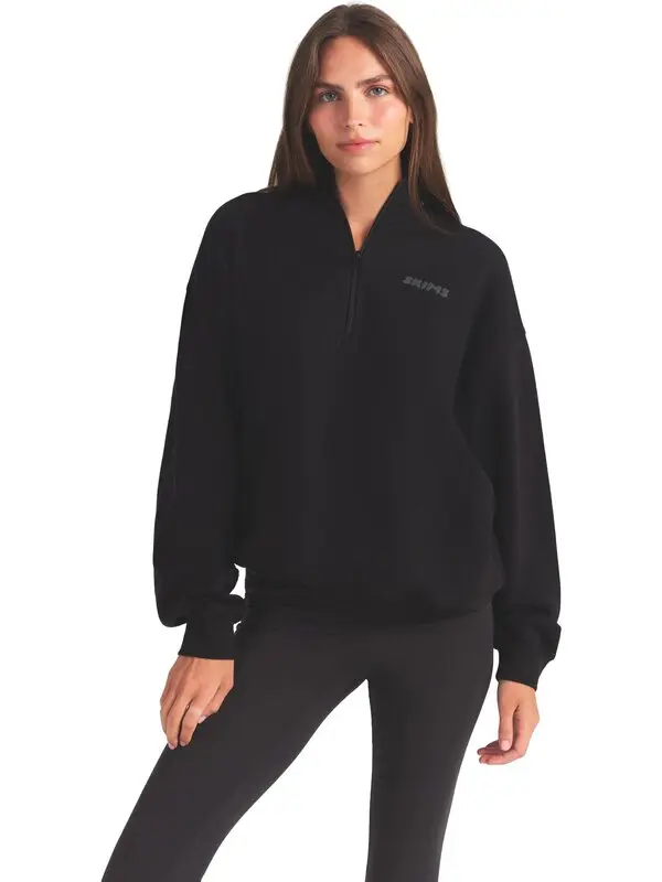 SKIMS Mock Neck Quarter Zip With Embossed Logo | Black | | Cotton Fleece - Onyx