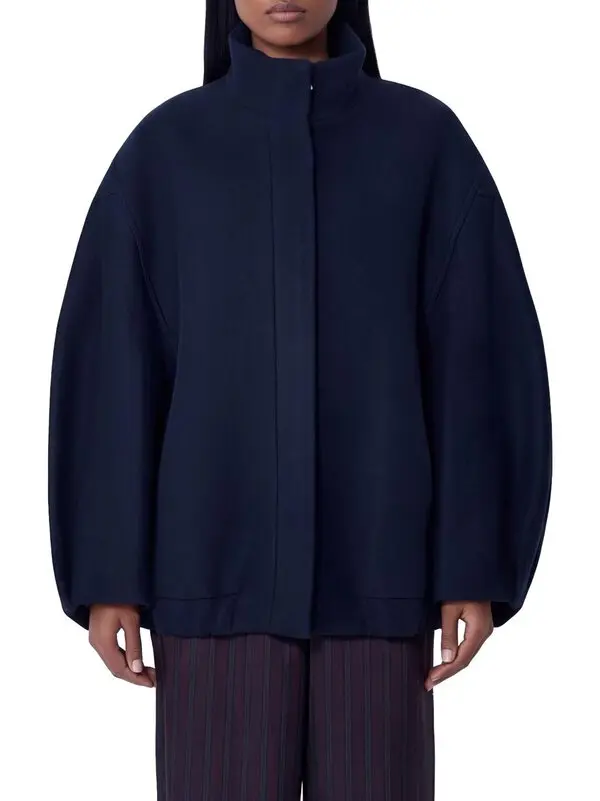 Dries Van Noten Wool-blend Short Coat With Balloon Sleeves And Funnel Neck - Blue