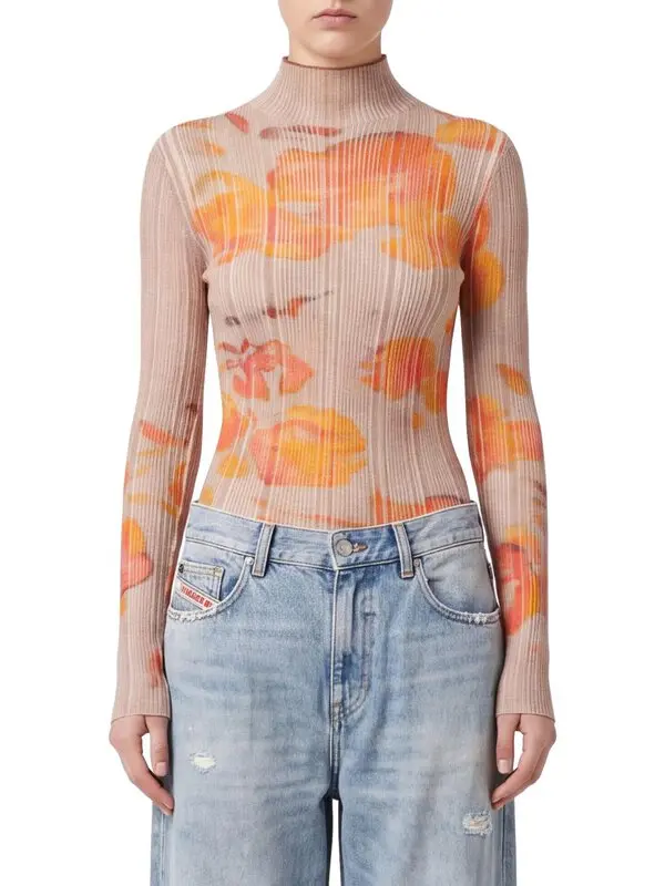 DIESEL® Slim Fit Abstract Pattern Wool Blend Mock Neck Jumper - Melon