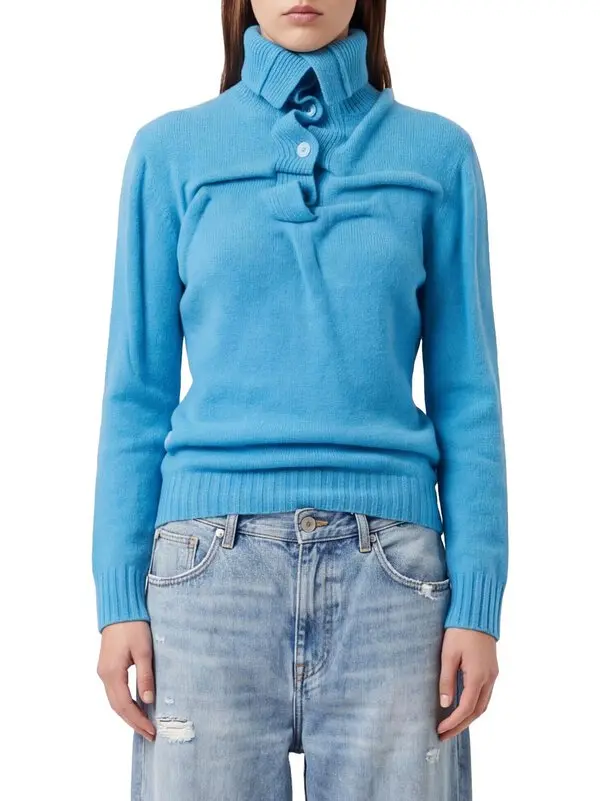 DIESEL® Wool Blend Turtleneck Jumper With Button Closure And Ribbed Trims - Gnawed Blue