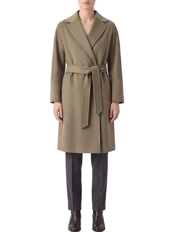 Max Mara 100% Virgin Wool Robe Coat With Waist Tie Belt - Camel