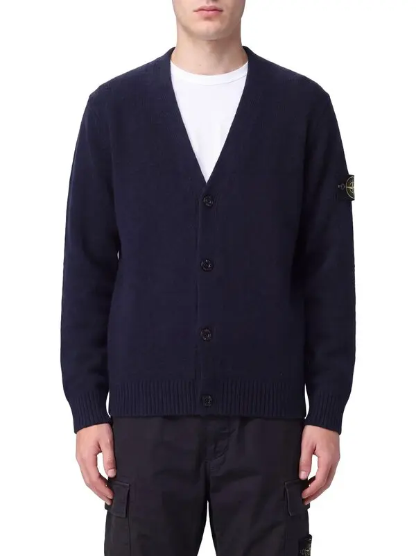 Stone Island Virgin Wool And Alpaca Blend Cardigan With Logo Patch - Blue