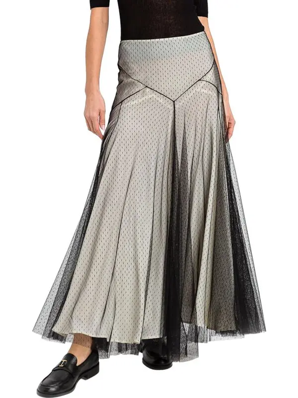 TWINSET Houndstooth Tulle Full Long Skirt - Black