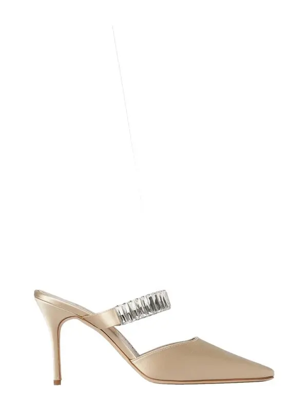 Manolo Blahnik Zumbon Satin Mules With Crystal Embellishment And High Heel - Nude