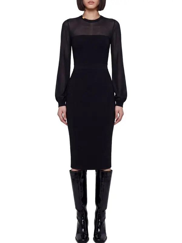 Elisabetta Franchi Viscose Midi Sheath Dress With Puff Sleeves - Black