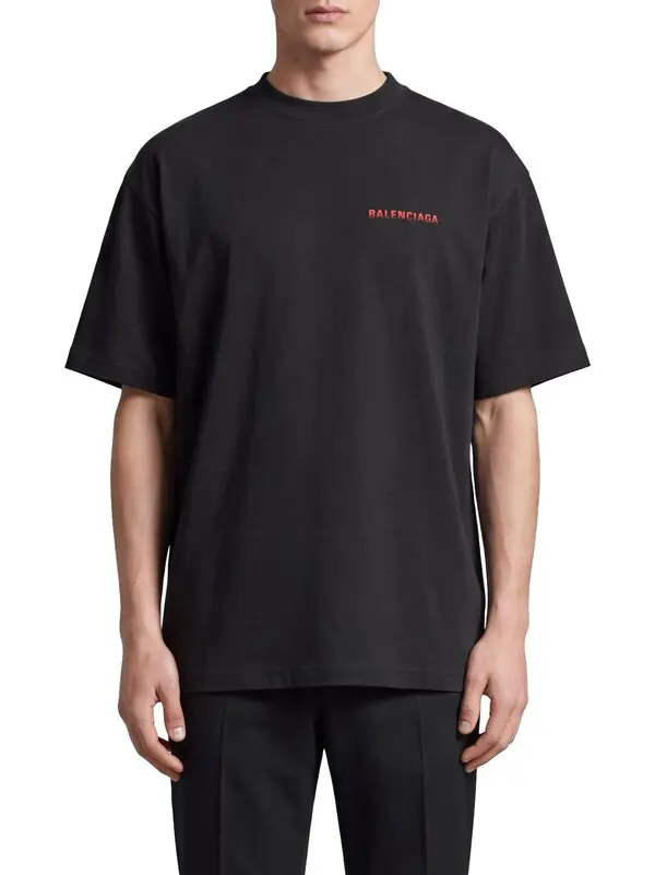 Balenciaga Cotton T-shirt With Contrasting Logo And Dropped Shoulders - Black