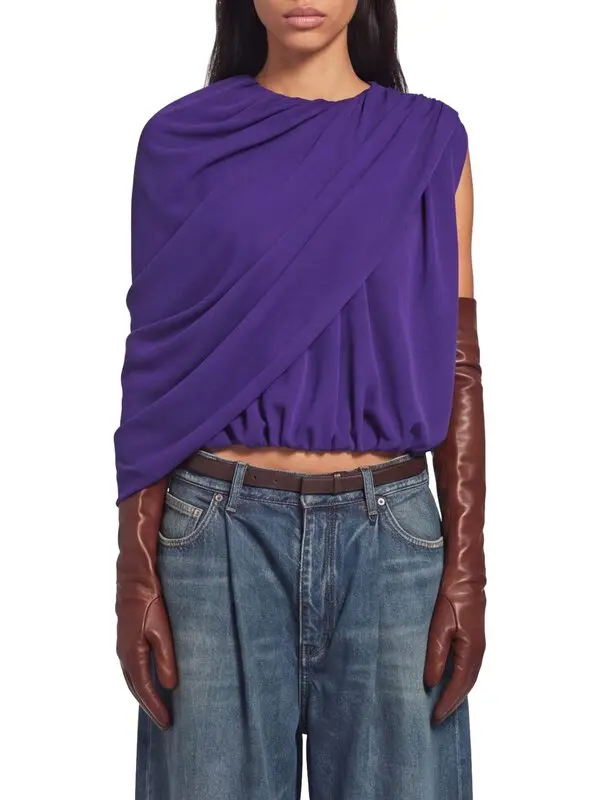 Balenciaga Draped Silk One-shoulder Cropped Top With Crew Neck - Violet