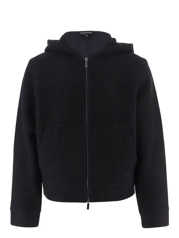Emporio Armani Wool And Cotton Jacket With Hood And Zipper - Black