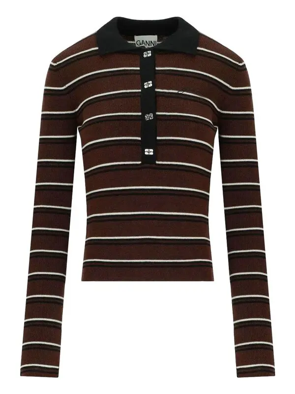 GANNI Striped Polo Shirt - Brown