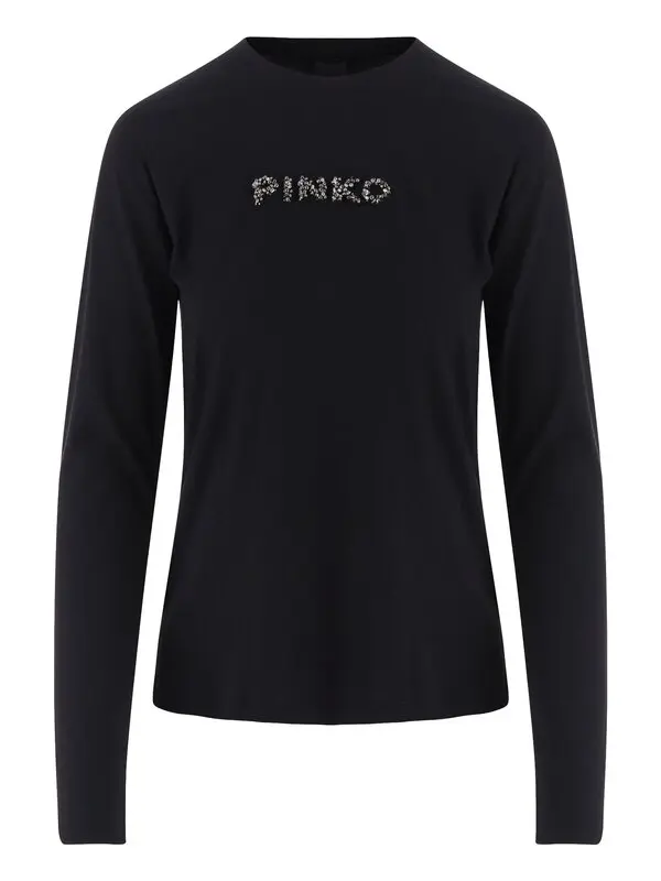 Pinko Long Sleeved Cotton T Shirt With Logo - Black