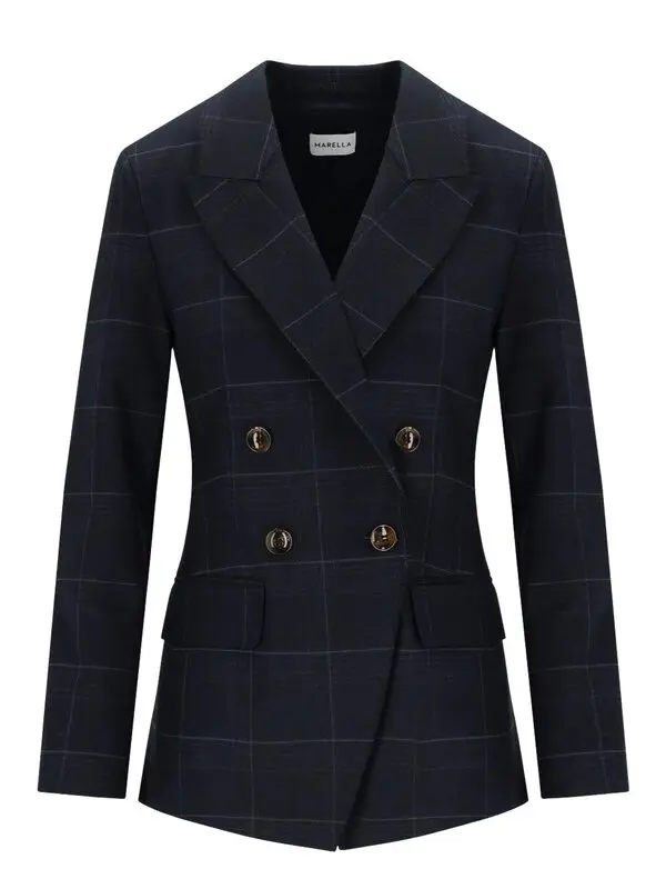 Marella Navy Check Efedra Double Breasted Blazer - Blue