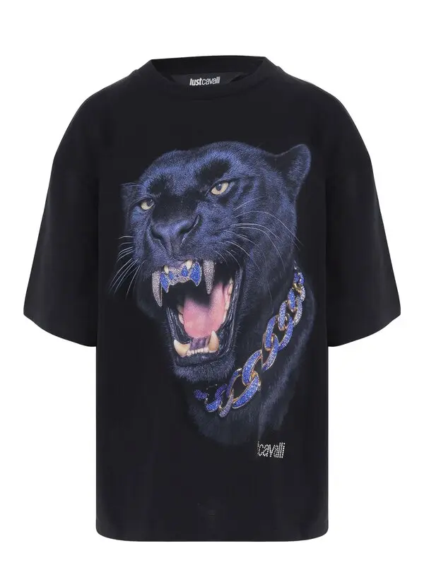 Just Cavalli Cotton T Shirt With Logo Print - Black