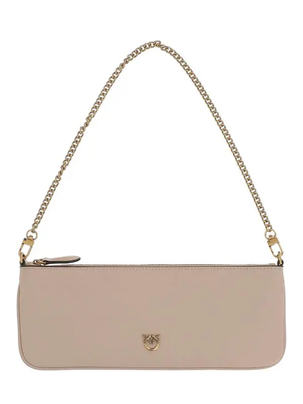 Pinko Leather Shoulder Bag With Logo - Beige